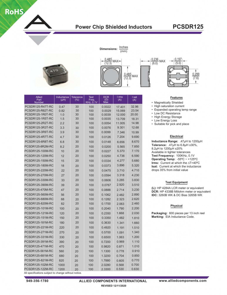 PCSDR125 series product specification and dimensional drawing