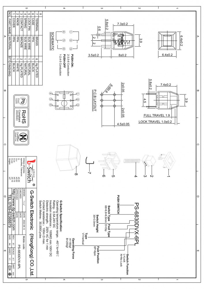 PS-6830DVA-6PL technical drawing and bill of materials