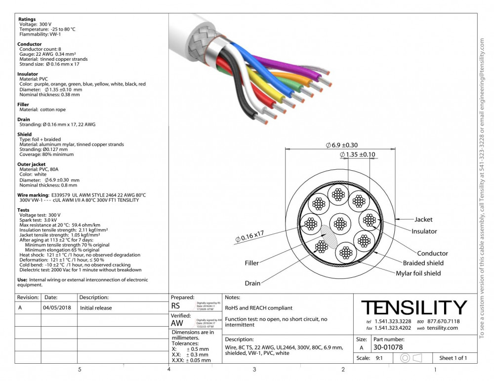 Tensility International 30-01078 cable product drawing