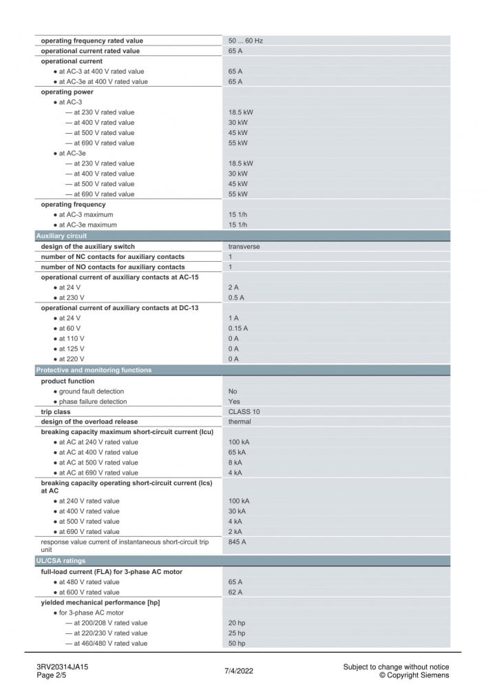 3RV20314JA15 datasheet page 2