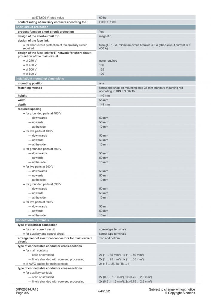 3RV20314JA15 datasheet page 3