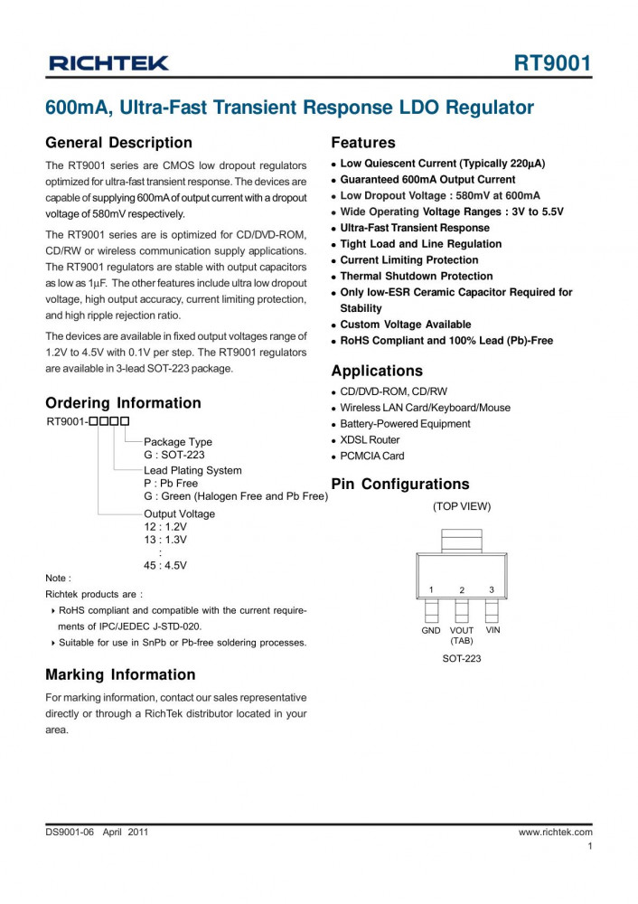 RT9001 datasheet page 1