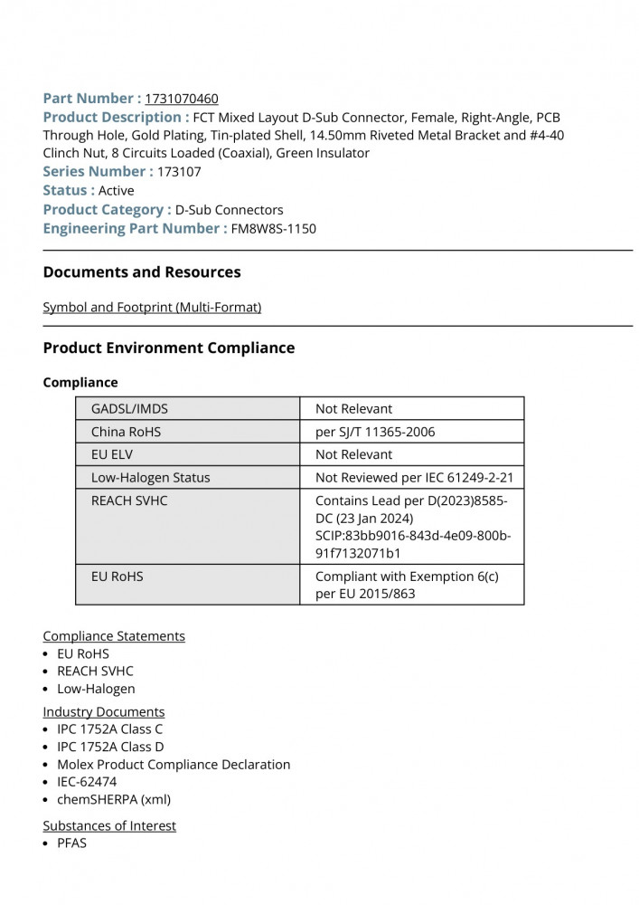 MOLEX 1731070460 technical document page 1