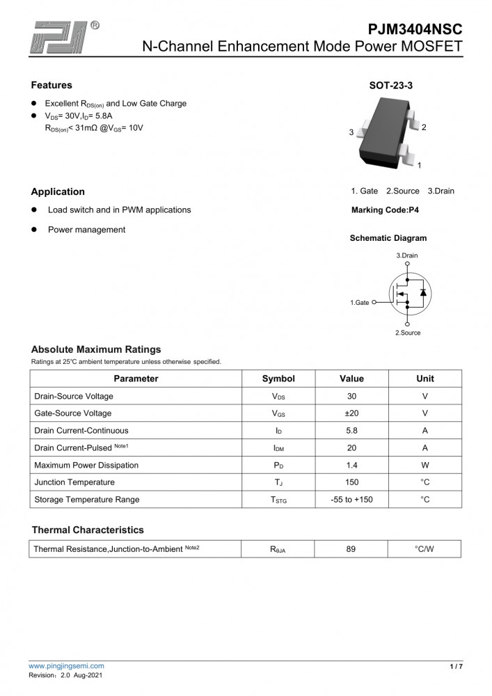 PJM3404NSC datasheet page 1