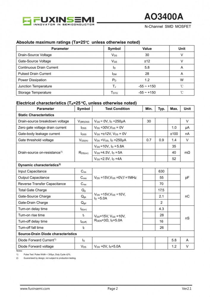 AO3400A datasheet page 2
