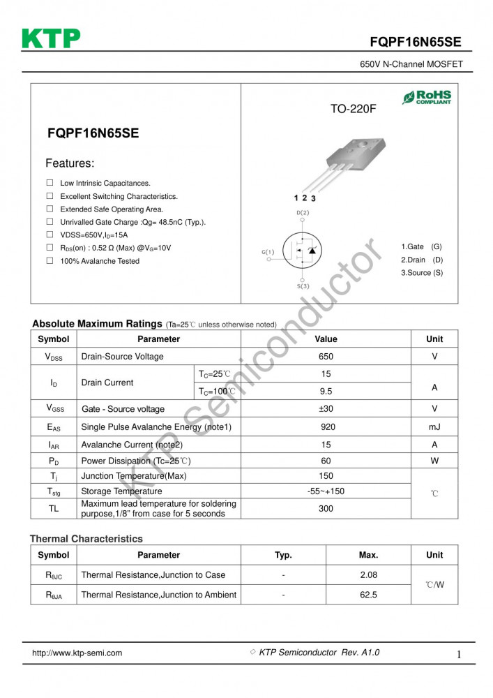 FQPF16N65SE datasheet page 1