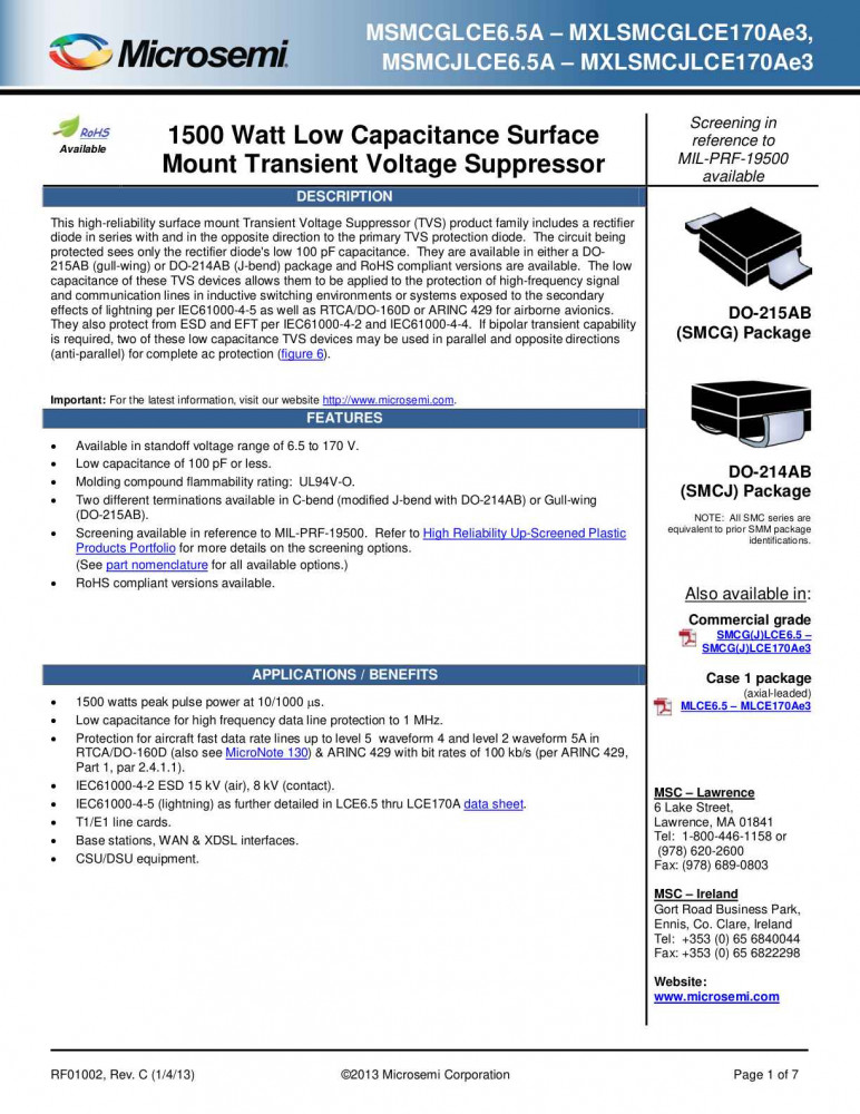 MSMCJLCE15A datasheet page 1