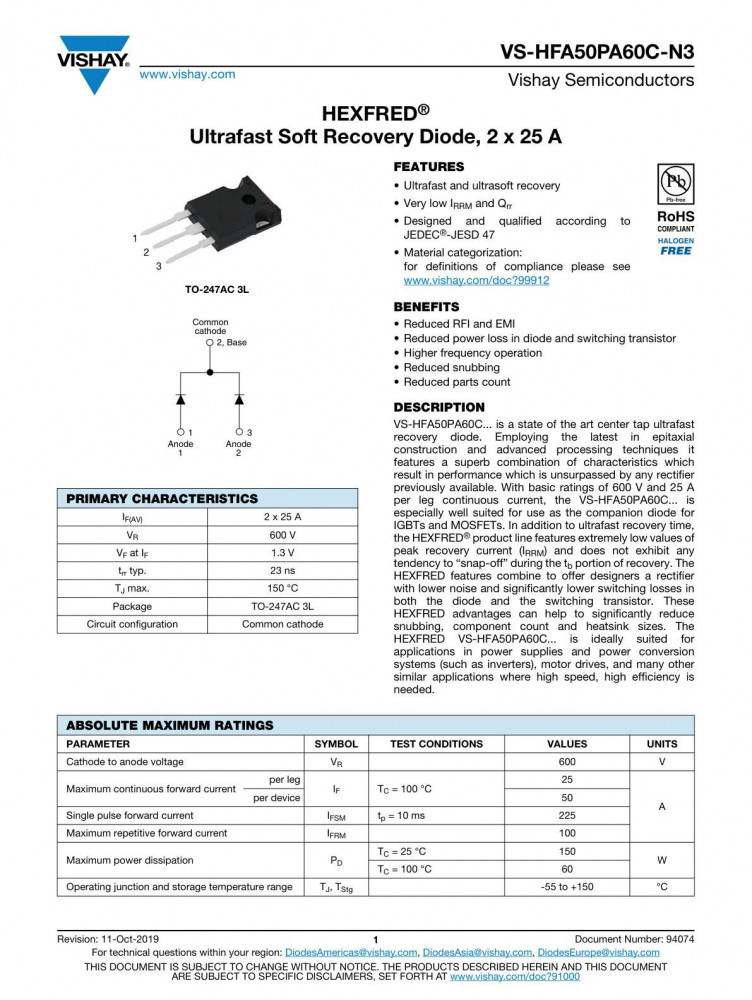 VS-HFA50PA60C-N3 datasheet page 1