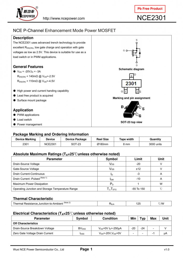 NCE2301 datasheet page 1