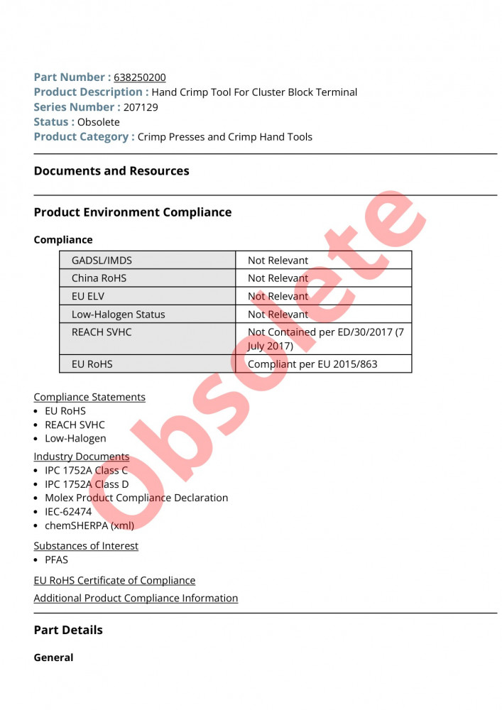 Product document page 1 for Molex 638250200