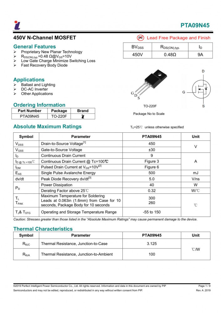 PTA09N45 datasheet page 1