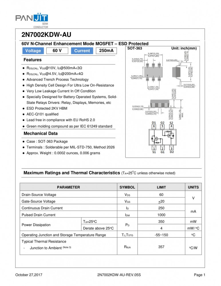 2N7002KDW-AU technical document page 1
