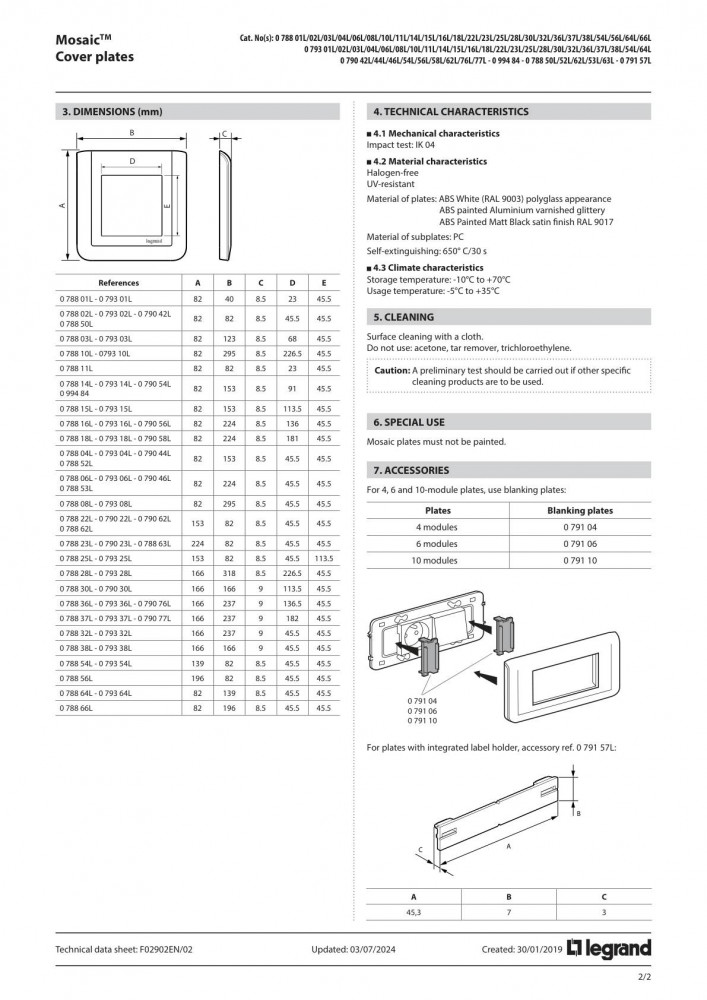 Legrand Mosaic cover plate documentation page 2