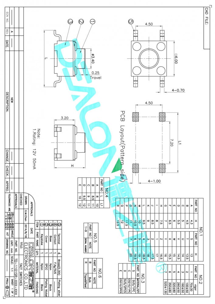 DEALON TD-1101SR tactile switch technical drawing