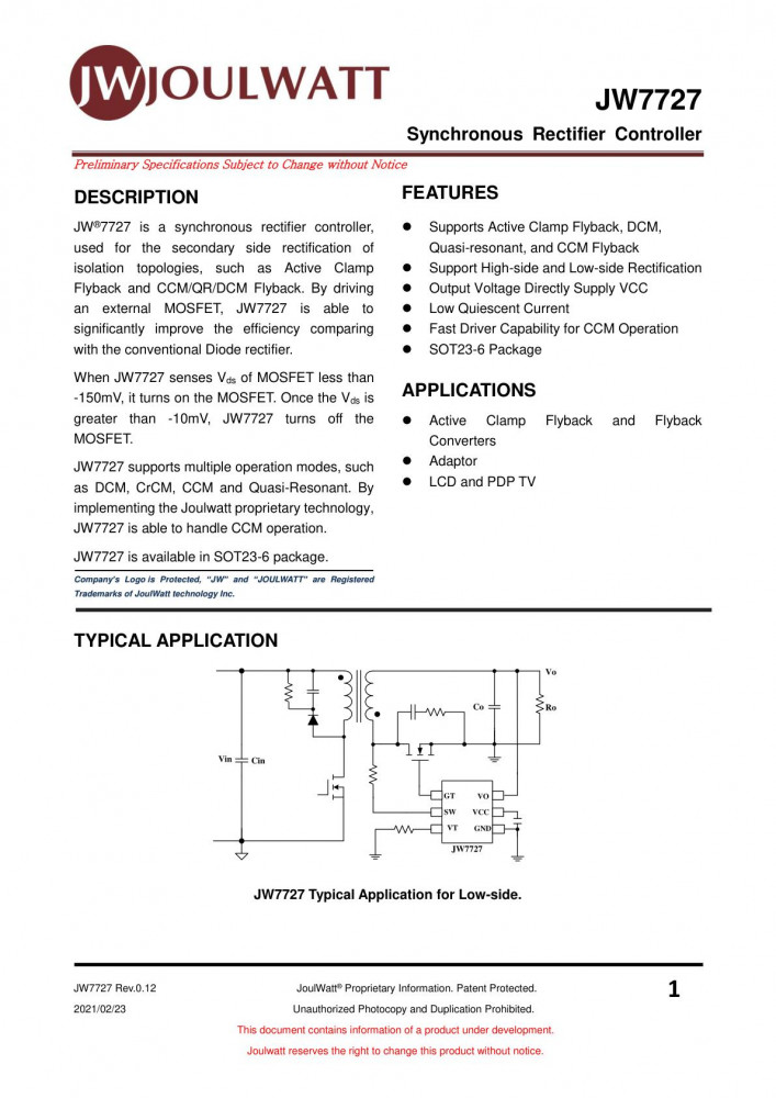 JW7727 datasheet page 1