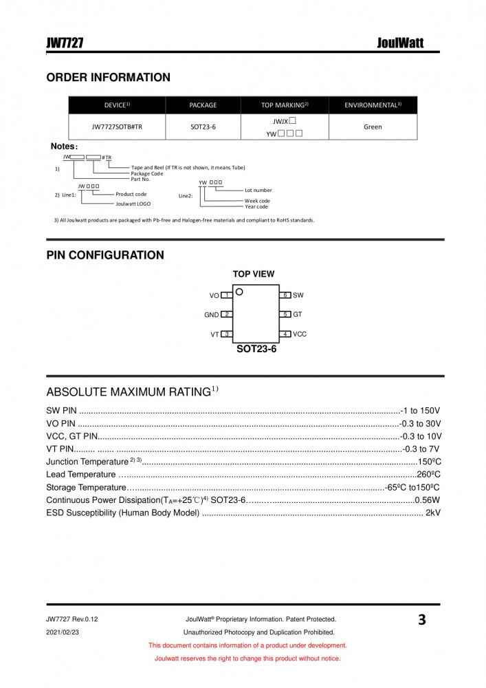 JW7727 datasheet page 3