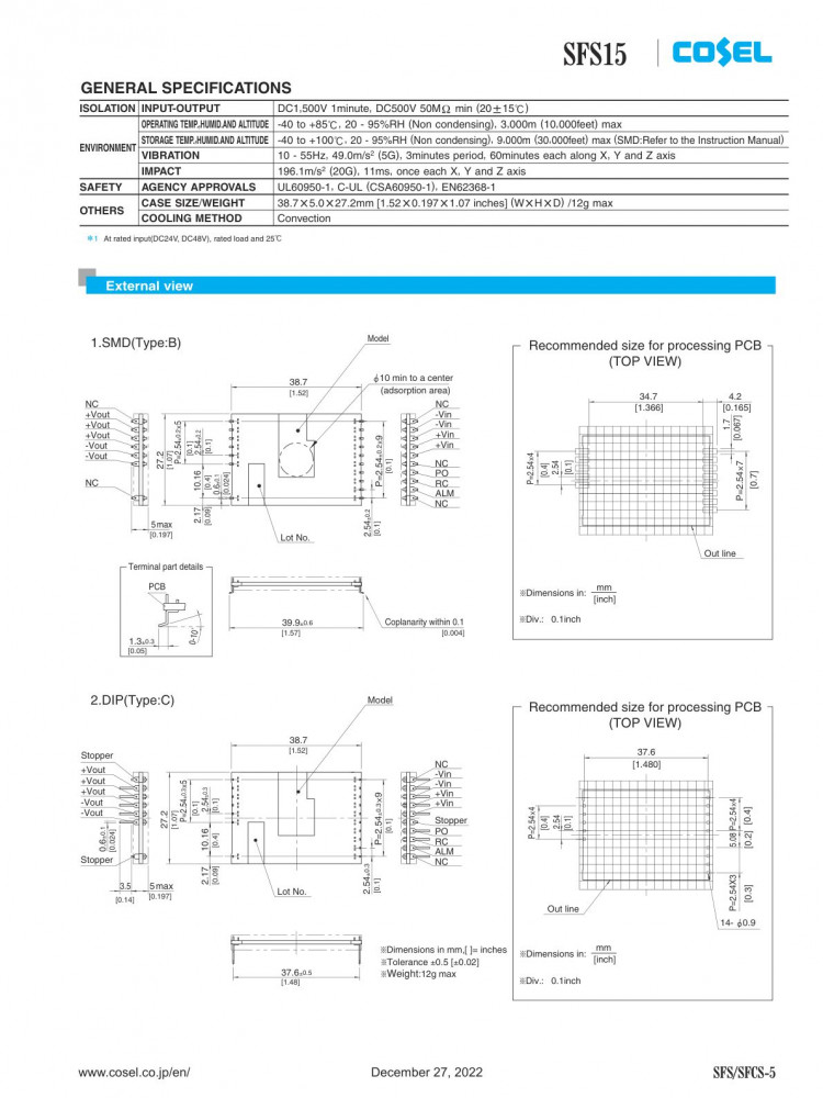 Cosel SFS and SFCS series datasheet page 5