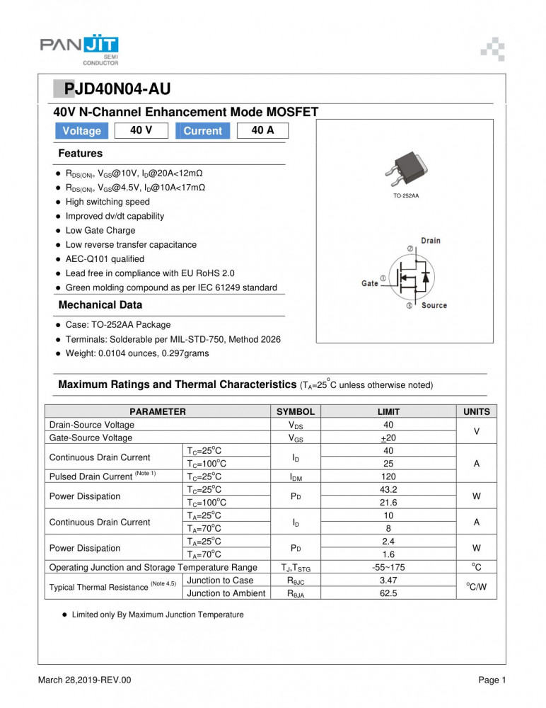 PJD40N04-AU datasheet page 1
