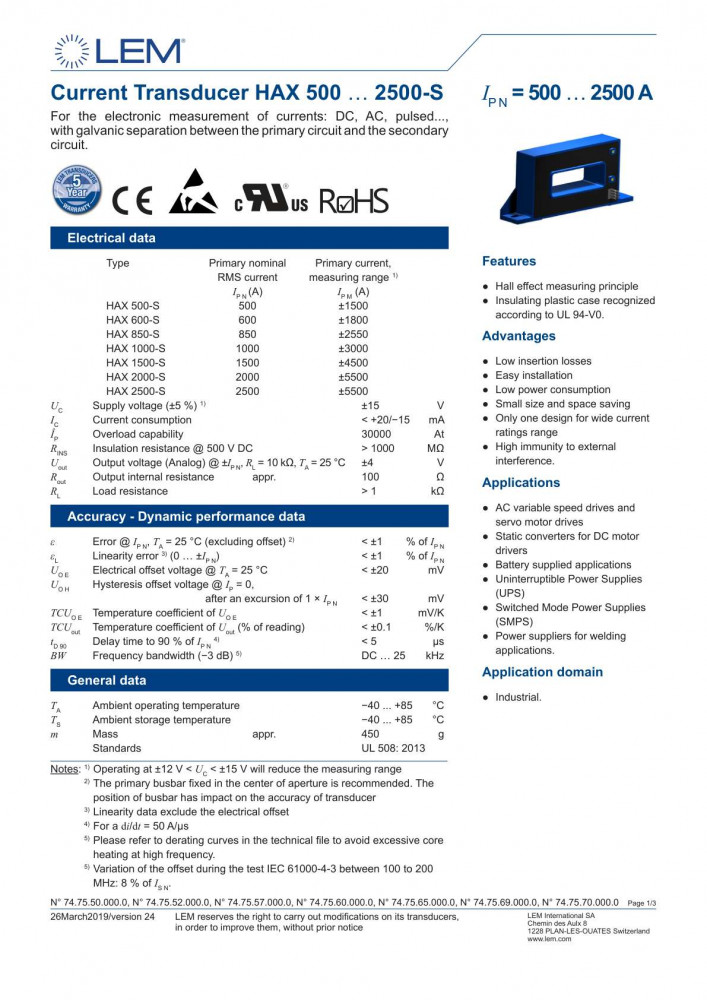 LEM HAX 1500-S technical datasheet page 1