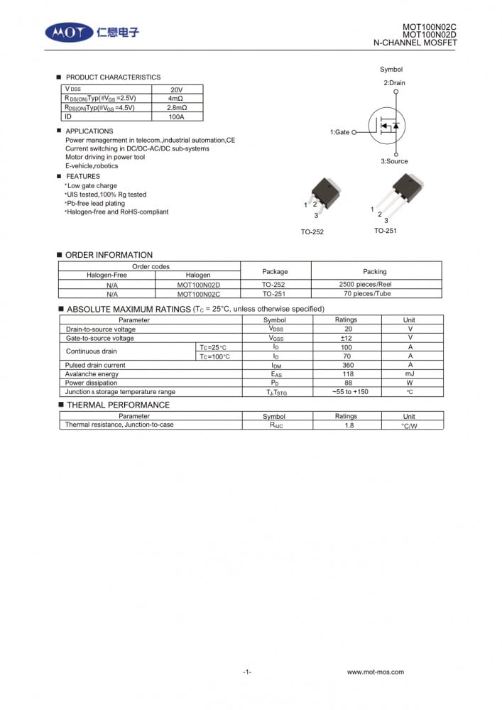 MOT100N02D datasheet page 1