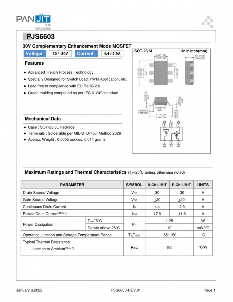 PJS6603 datasheet page 1