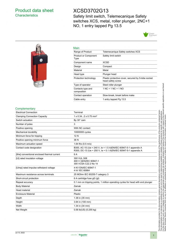 XCSD3702G13 technical document page 1