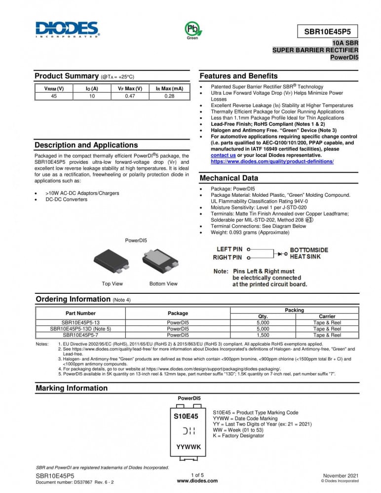 SBR10E45P5-13 datasheet page 1