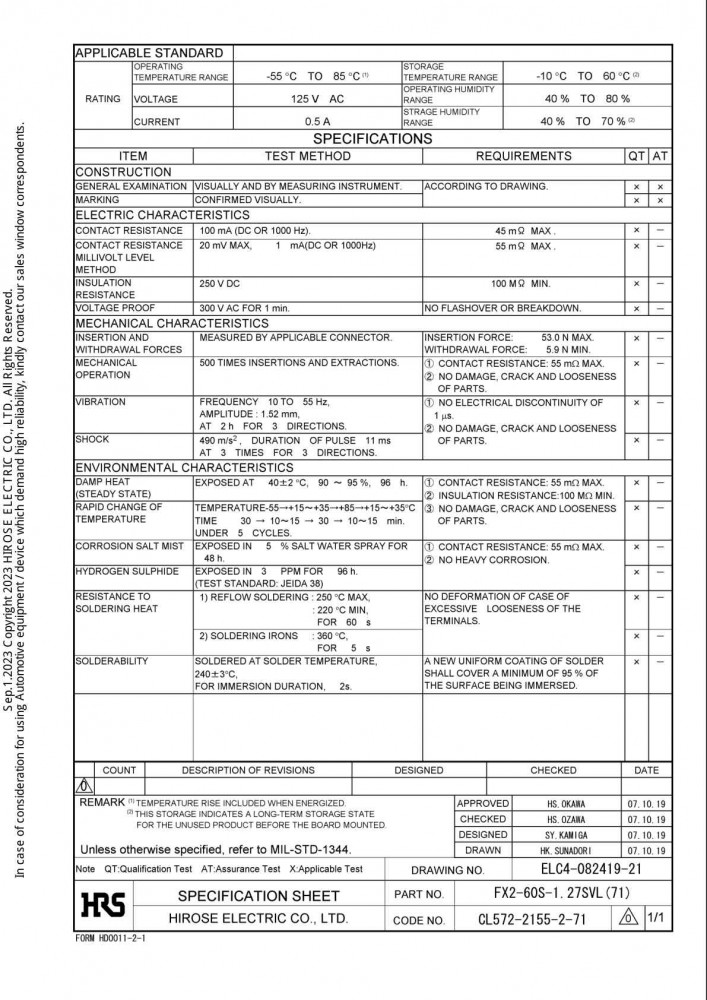 HRS FX2-60S-1.27SVL(71) specification sheet