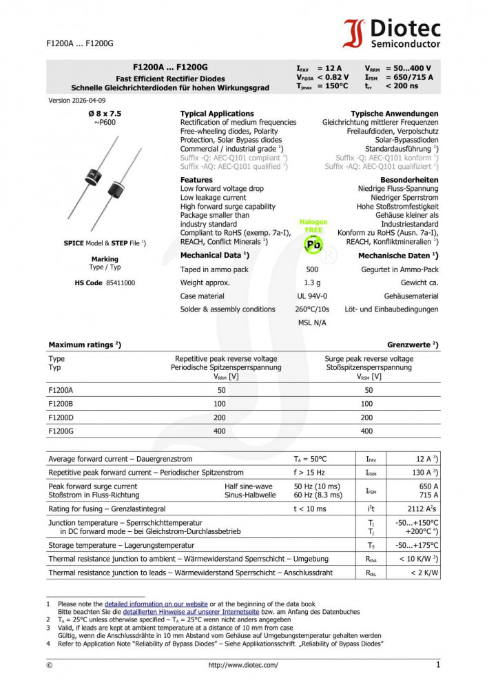 DIOTEC F1200G datasheet page 1