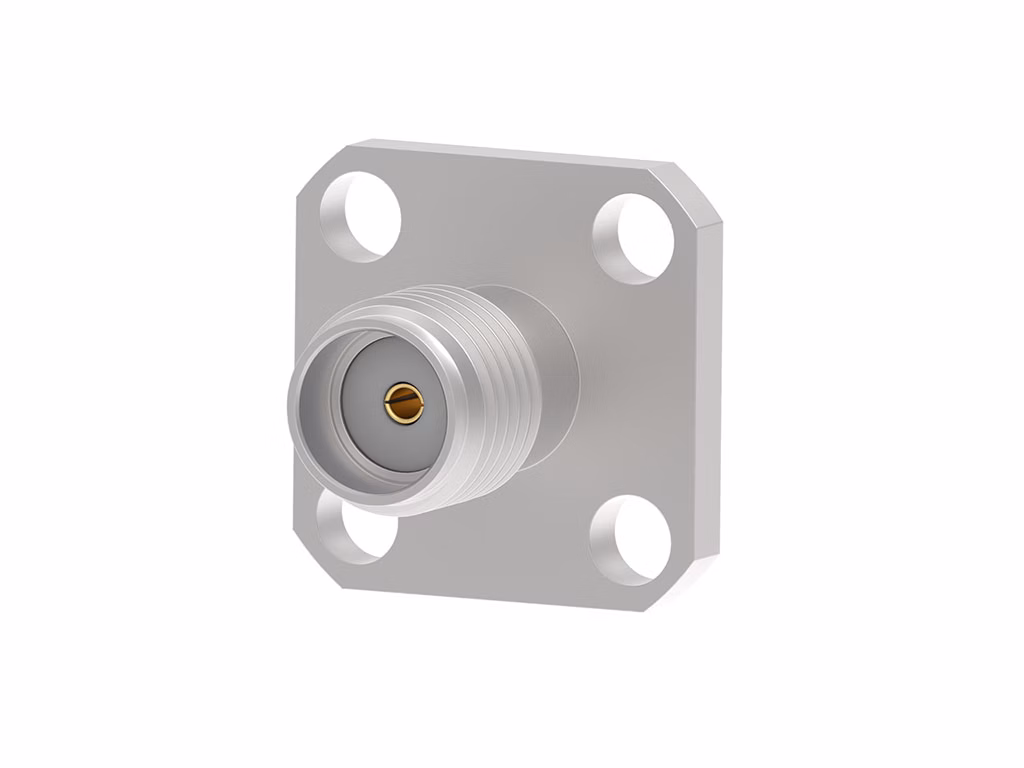 SMA Jack, Straight, 4-Hole Flange Mount, Candlestick Contact, 10.15mm Length, Stainless Steel Body, Passivated, One Piece Per Bag, 50 Ohms