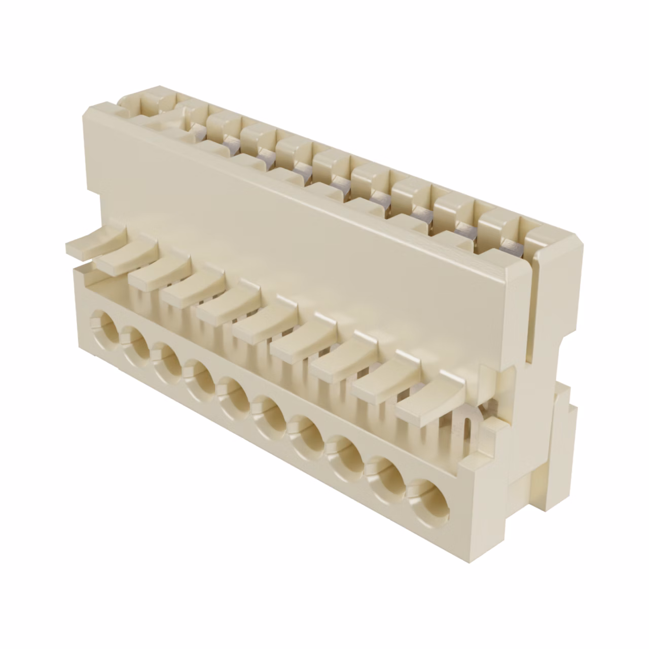 Appli-Mate RAST 2.5 Connector, 2.50mm Pitch, Female, 10 Circuits, Positions E, F, G, H, I, J, K, A, B, and C Removed, Polarizing Rib Between 1/2, Locking Pips, Slotted Endwalls, Brown Color Stripe, Tin Plating for sale