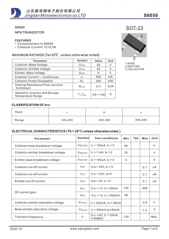 S8050 datasheet page 1