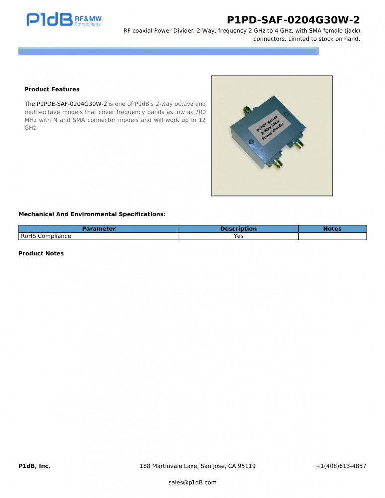 P1dB Inc product documentation image for the RF power divider