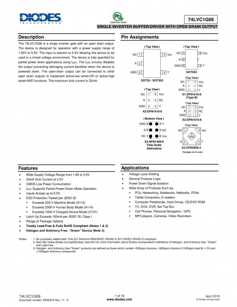 74LVC1G06FW4-7 datasheet page 1
