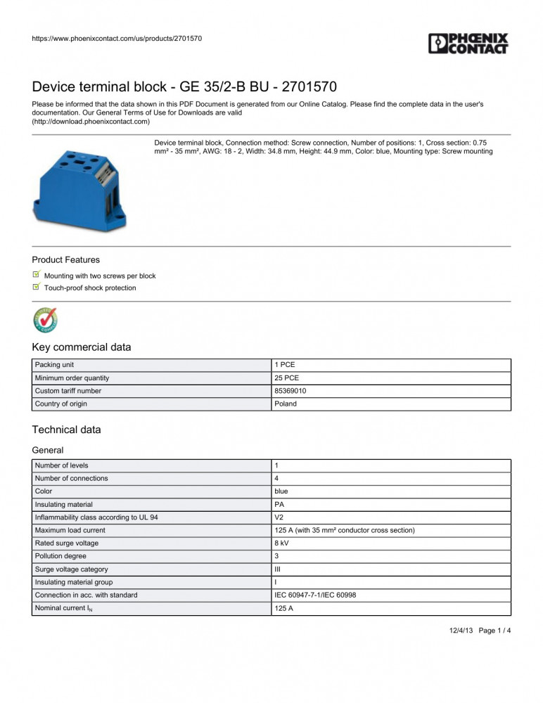 Phoenix Contact 2701570 technical document page 1