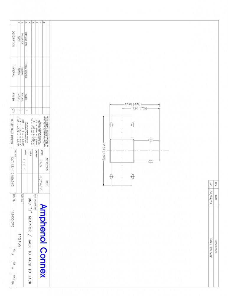 Amphenol 112455 BNC T adaptor technical drawing