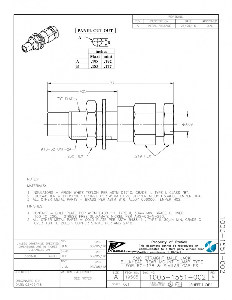 Radiall 1003-1551-002 SMC straight male jack bulkhead rear-mount clamp-type drawing