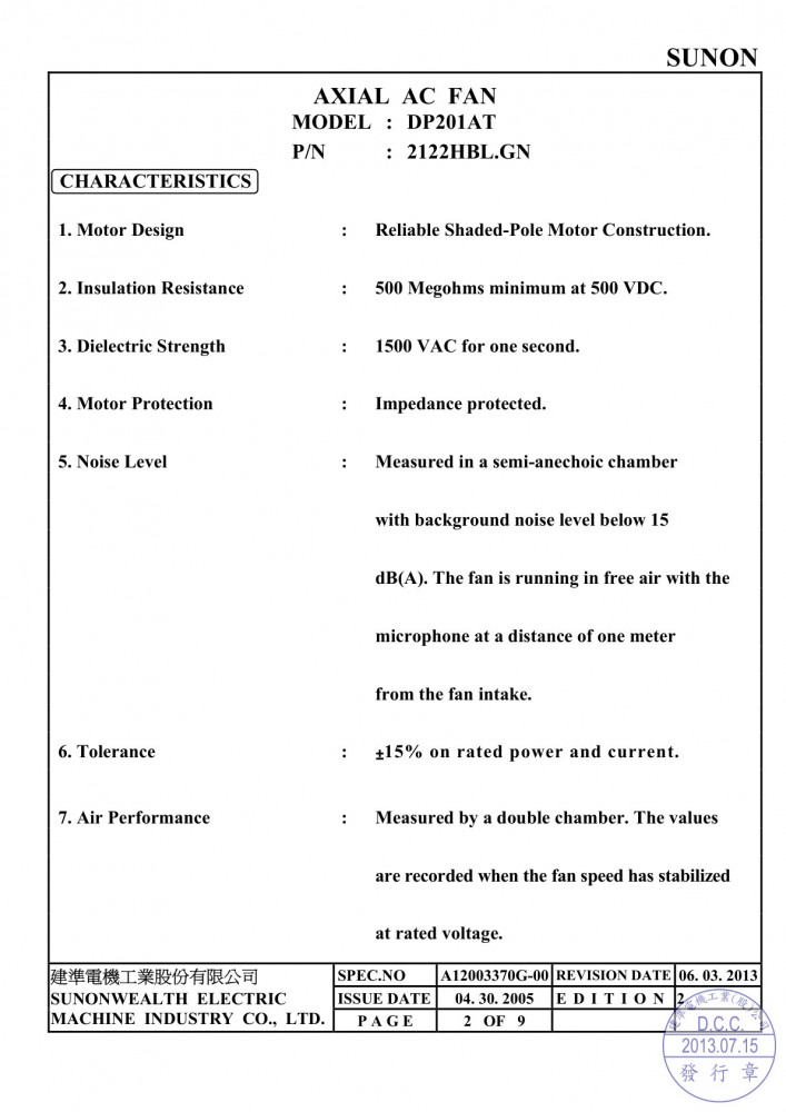 SUNON DP201AT specification page 2