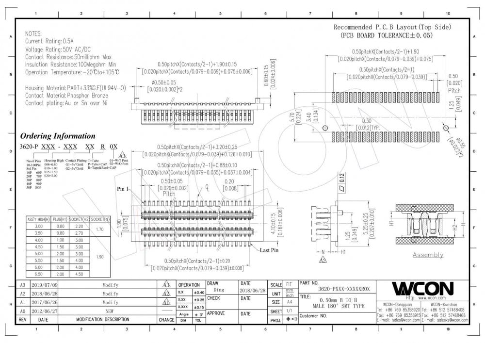 Wcon 3620 series 0.50 mm board-to-board connector ordering information drawing