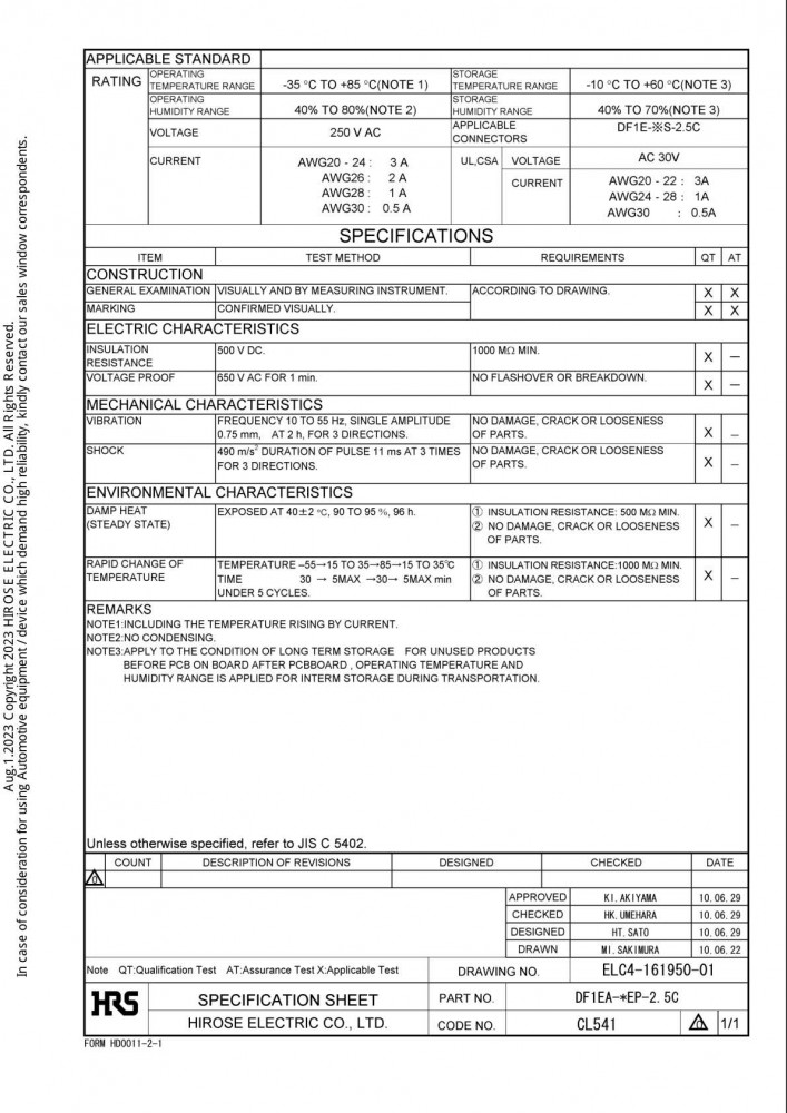HRS DF1EA-9EP-2.5C specification sheet preview