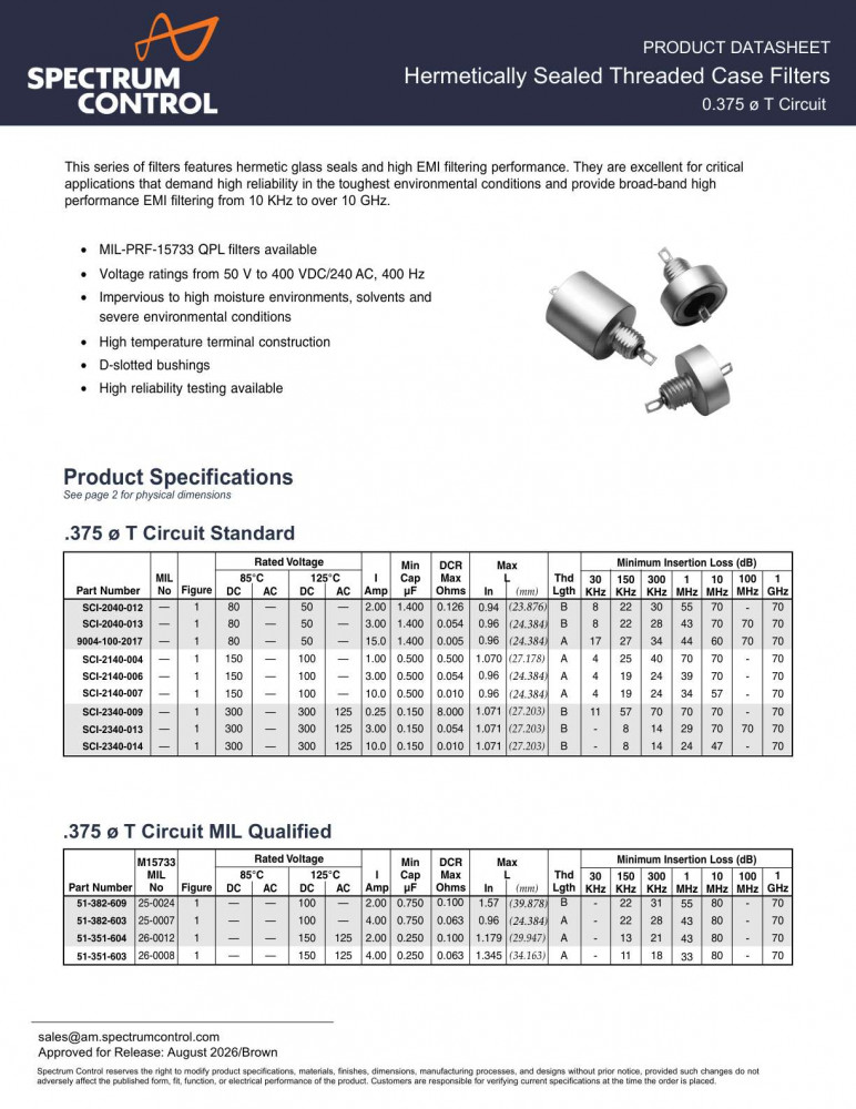 Spectrum Control filter series product specifications, image 1