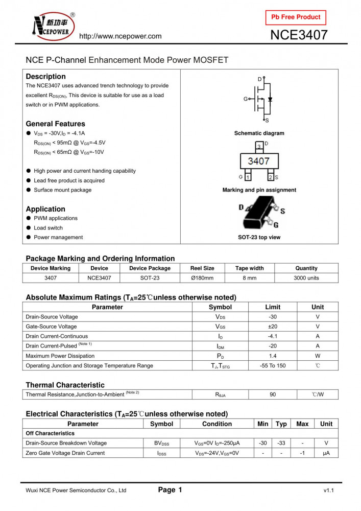NCE3407 datasheet page 1