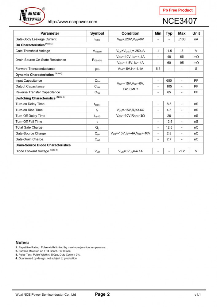 NCE3407 datasheet page 2