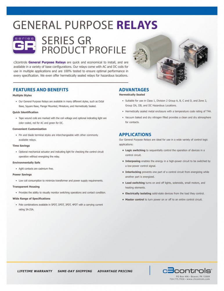 c3controls Series GR general purpose relay documentation page 1