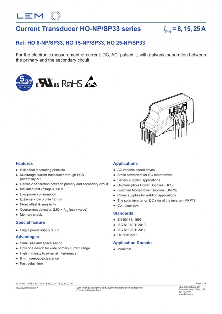 LEM HO-NP/SP33 datasheet page 1
