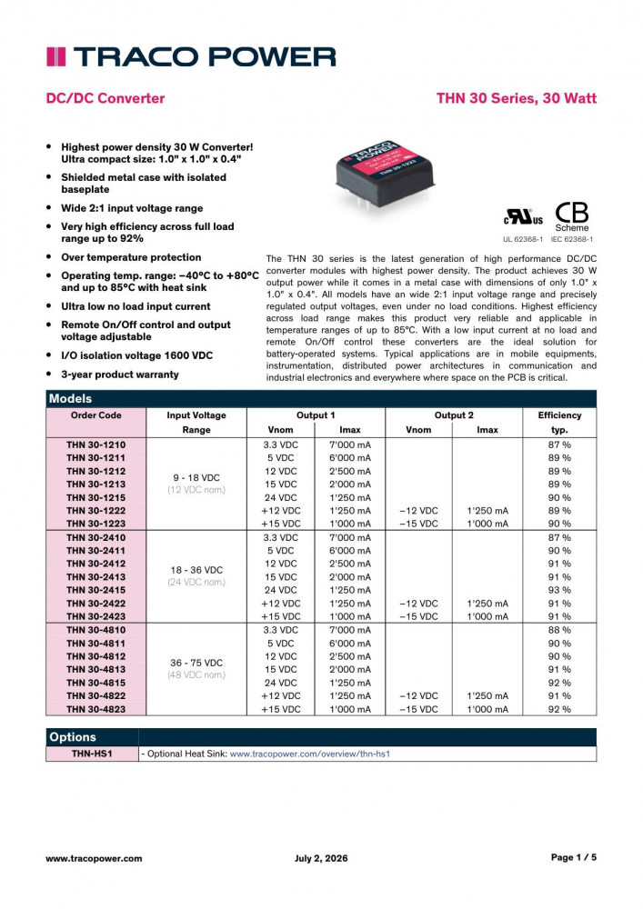 THN 30 series datasheet preview, page 1
