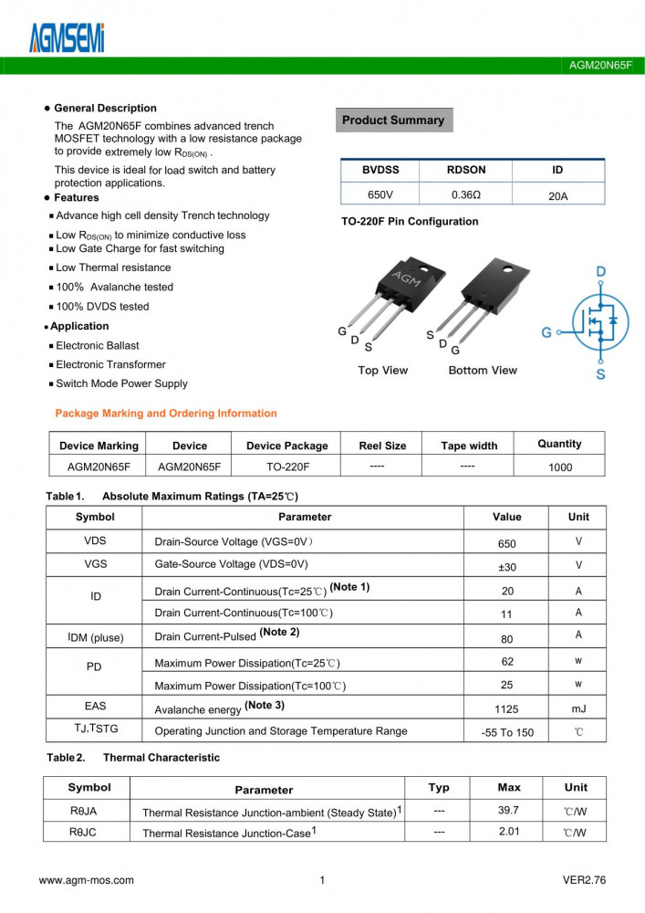 AGM20N65F datasheet page 1