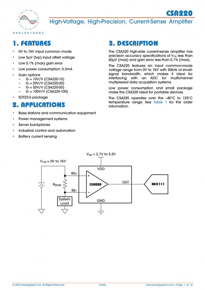 CSA220 datasheet page 1
