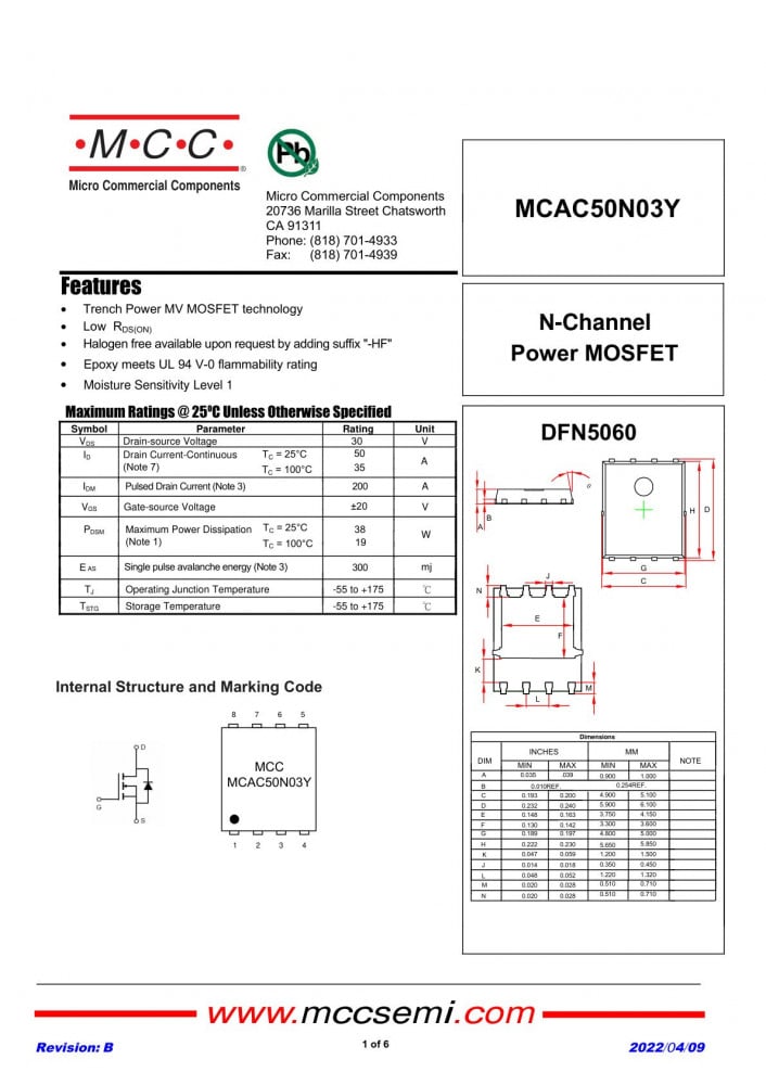 MCAC50N03Y-TP datasheet page 1