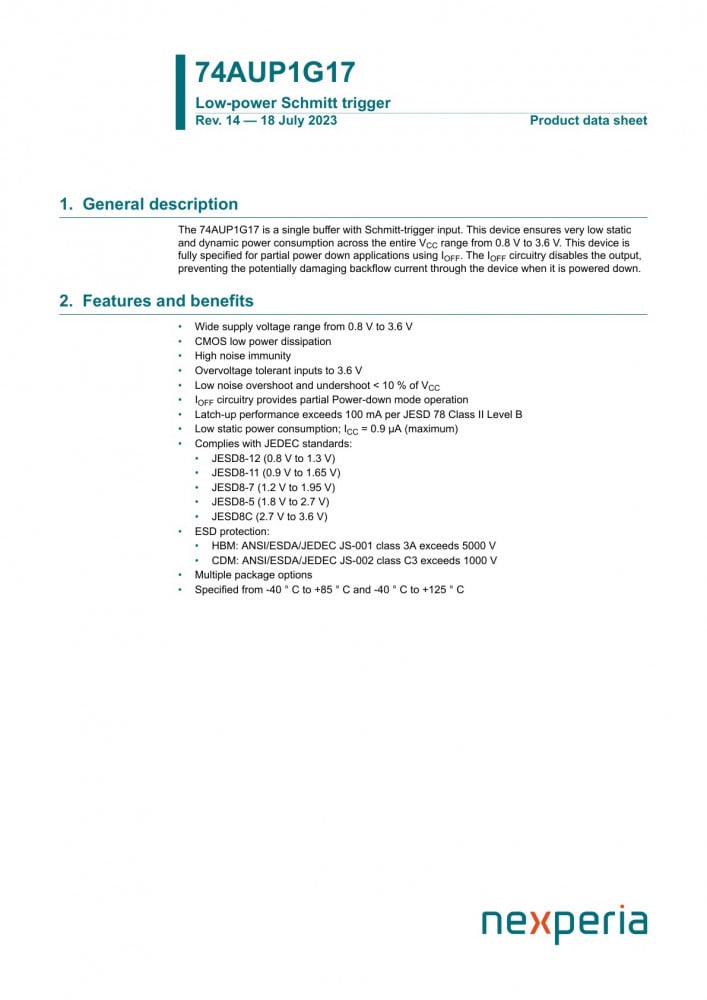 74AUP1G17GW datasheet page 1